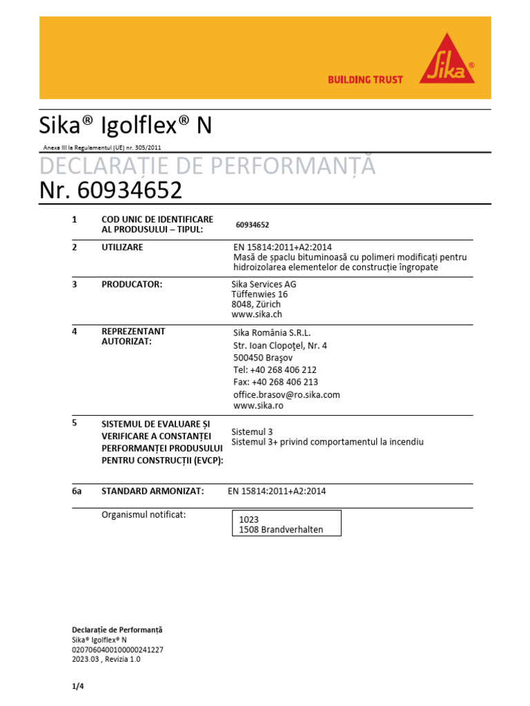 DoP Sika Igolflex® N RO 2023 | PDF