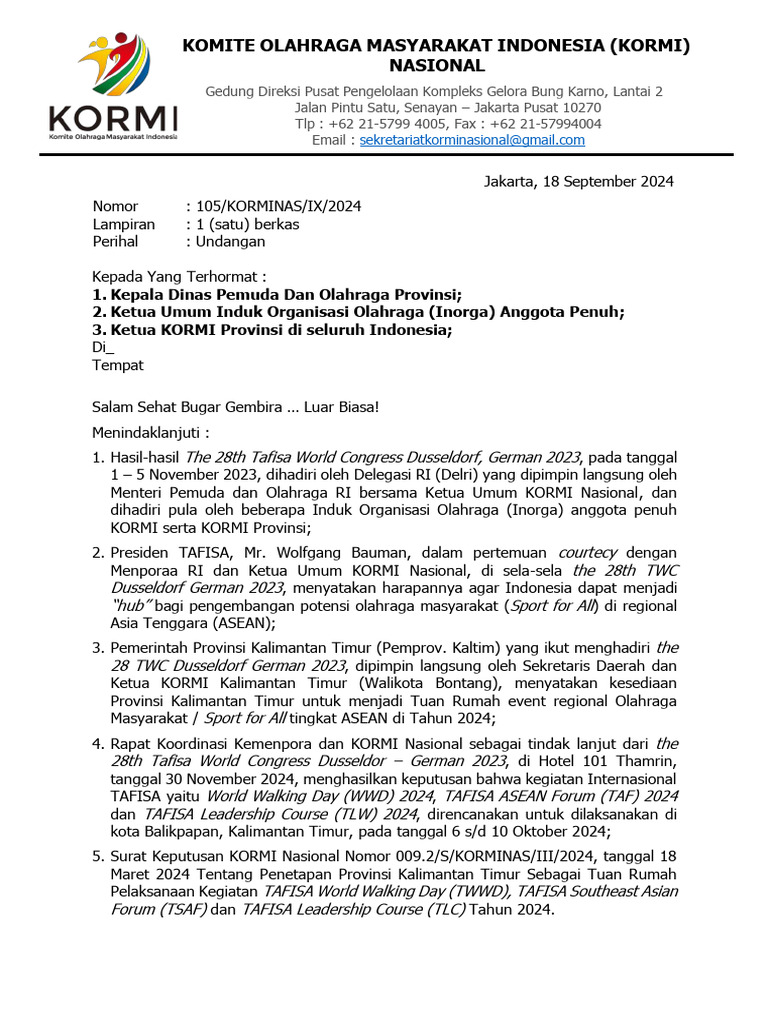 Surat Undangan TAFISA Kepada Kadispora Inorga Dan KORMI Provinsi | PDF