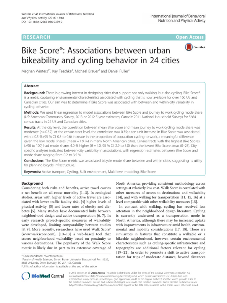 Bike Score®: Associations Between Urban Bikeability and Cycling ...