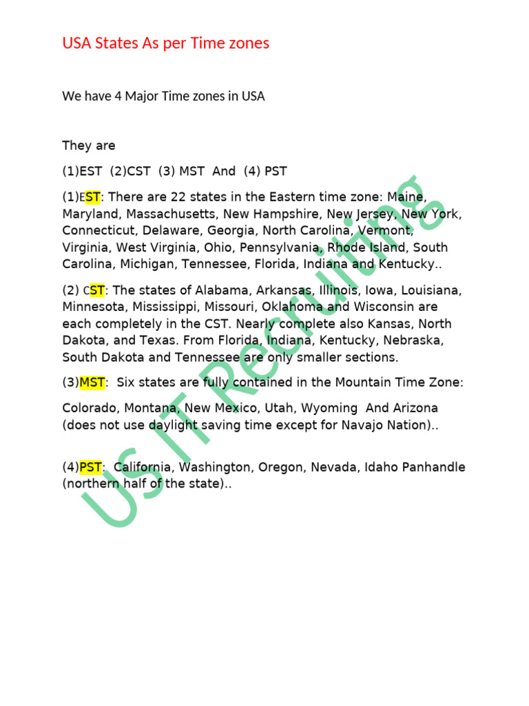 Major US Time Zones Overview | PDF