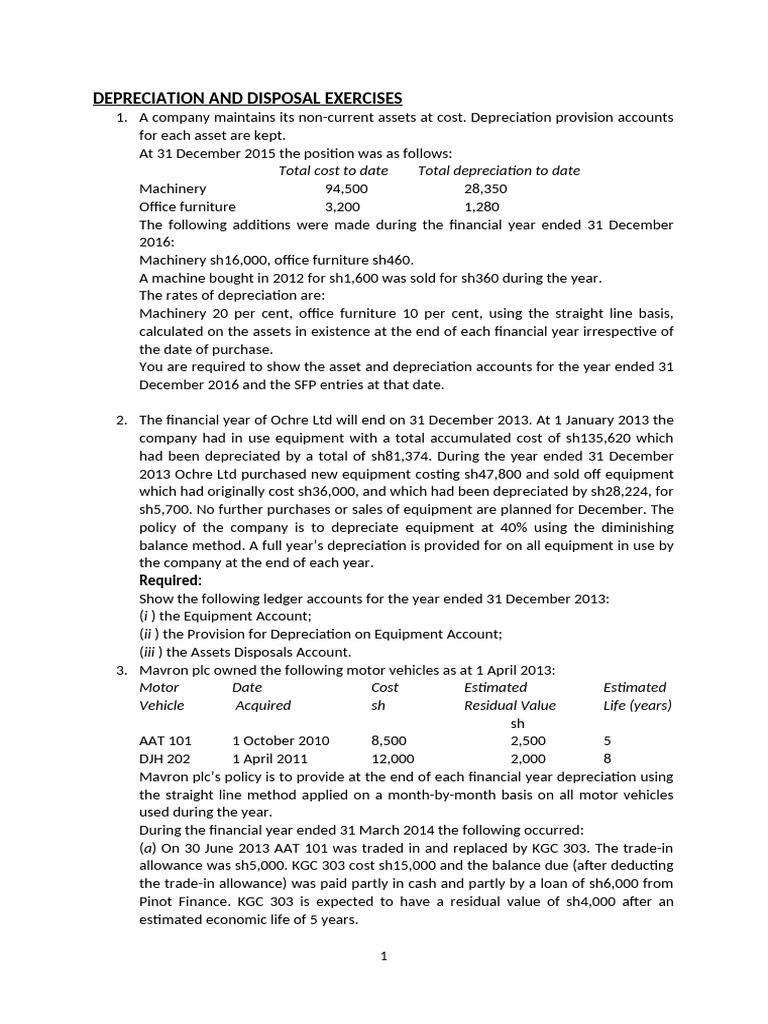 Depreciation and Disposal Exercises | PDF | Depreciation | Finance ...