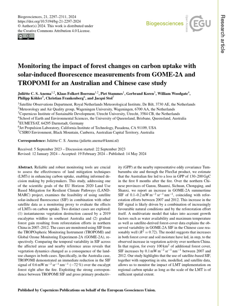 Anema - Biogeoscience 2024 - Monitoring The Impact of Forest Changes On Carbon Uptake | PDF
