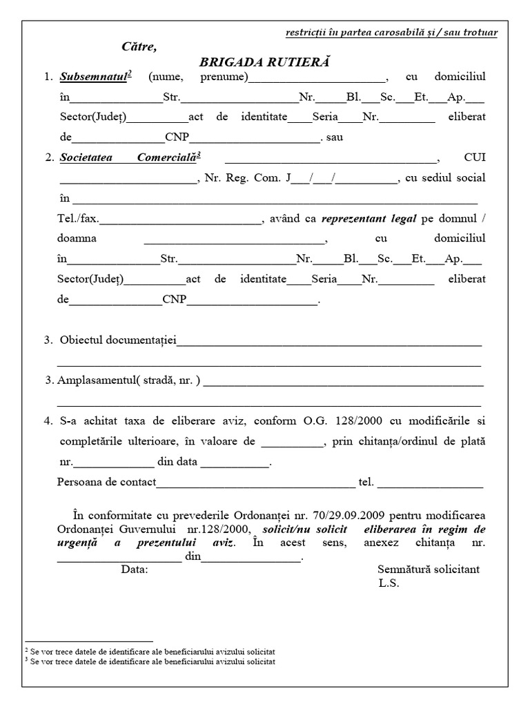 Cerere 2 Aviz Restrictii Politia Rutiera | PDF