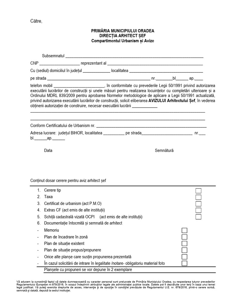 30 CMUAT Cerere Aviz Arhitect Sef Pentru Autorizatia de Construire | PDF