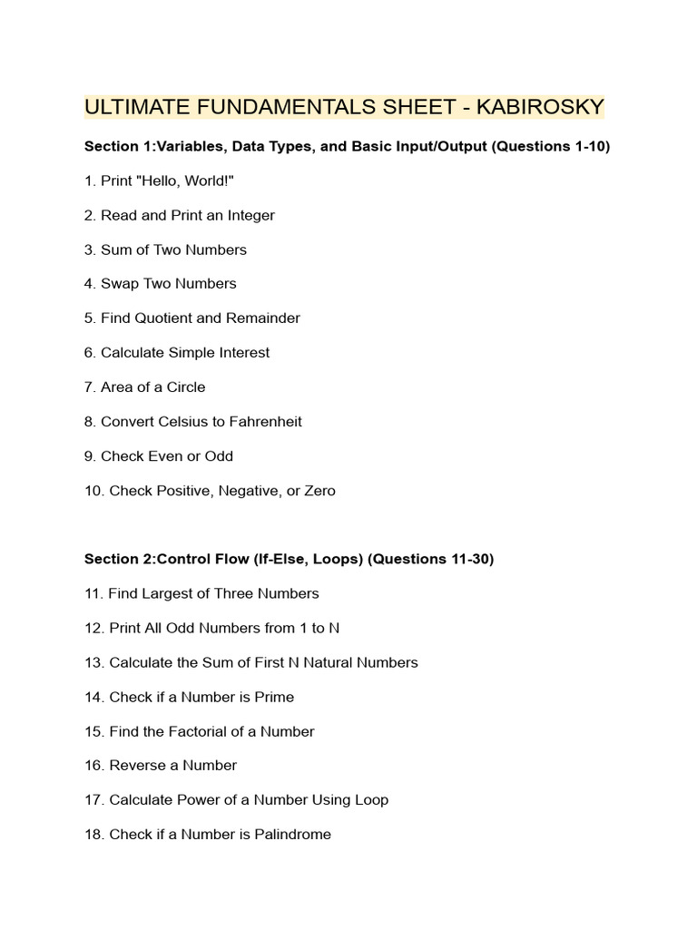 C - Fundamentals Practice Sheet | PDF