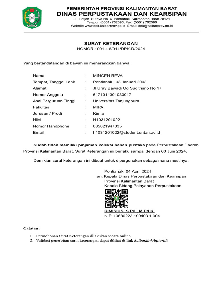 Surat Keterangan Bebas Pinjam - Bebas Pustaka MINCEN REVA - H1031201022 ...