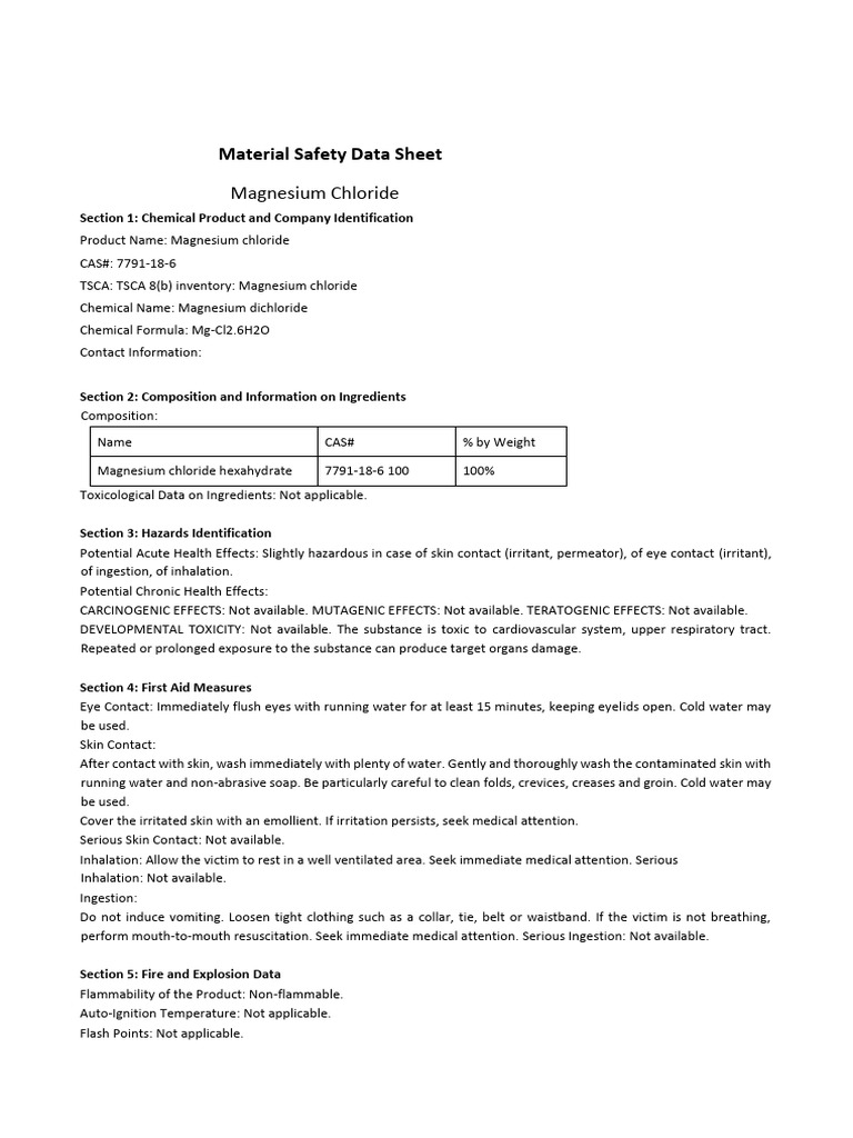 MSDS Magnesium Chloride | PDF