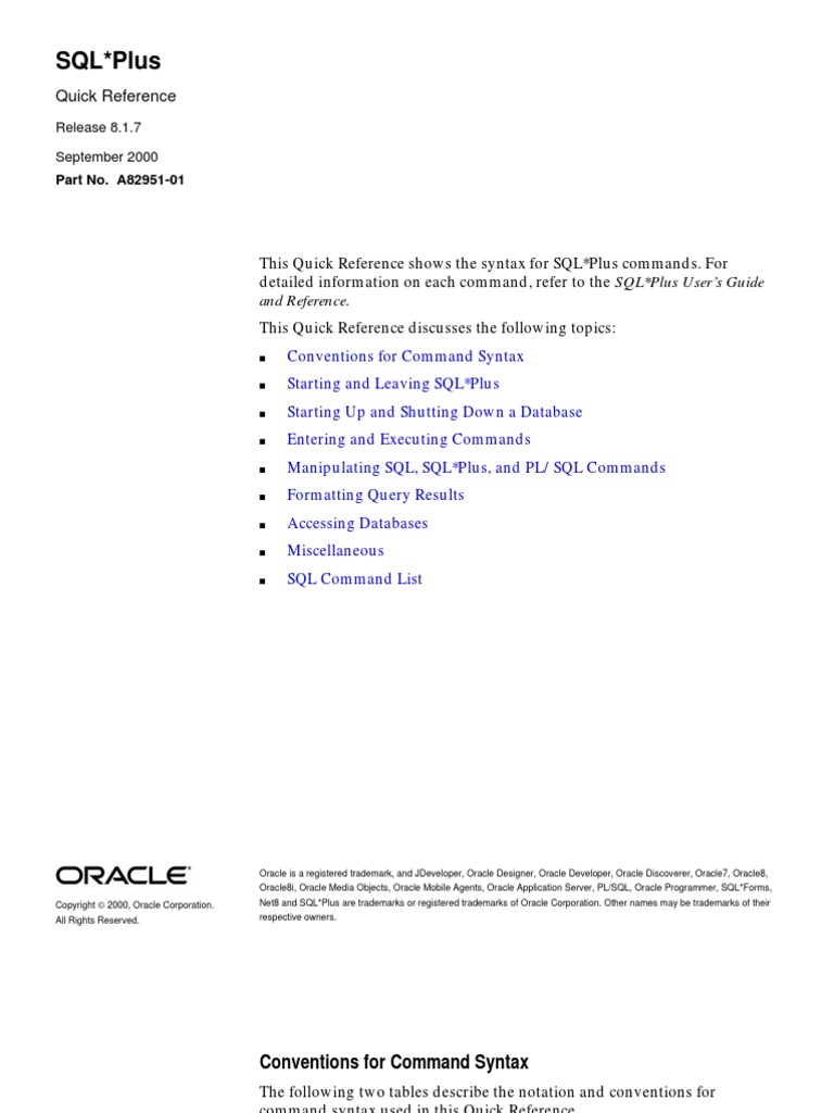 (Ebook - PDF) Oracle SQL-Plus Quick Reference | PDF | Oracle Database | Parameter (Computer ...