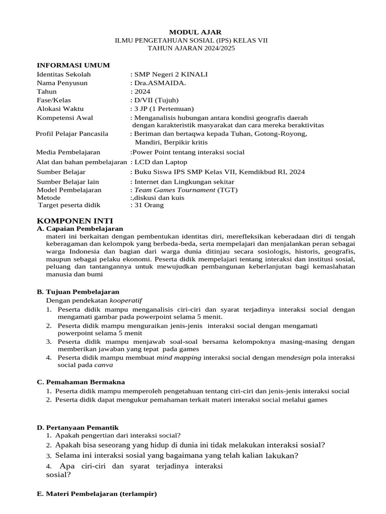 Modul Ajar Interaksi Sosial Kelas 7 | PDF | Kesehatan Holistik | Sains ...