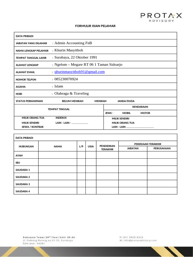 Formulir Isian Pelamar | PDF