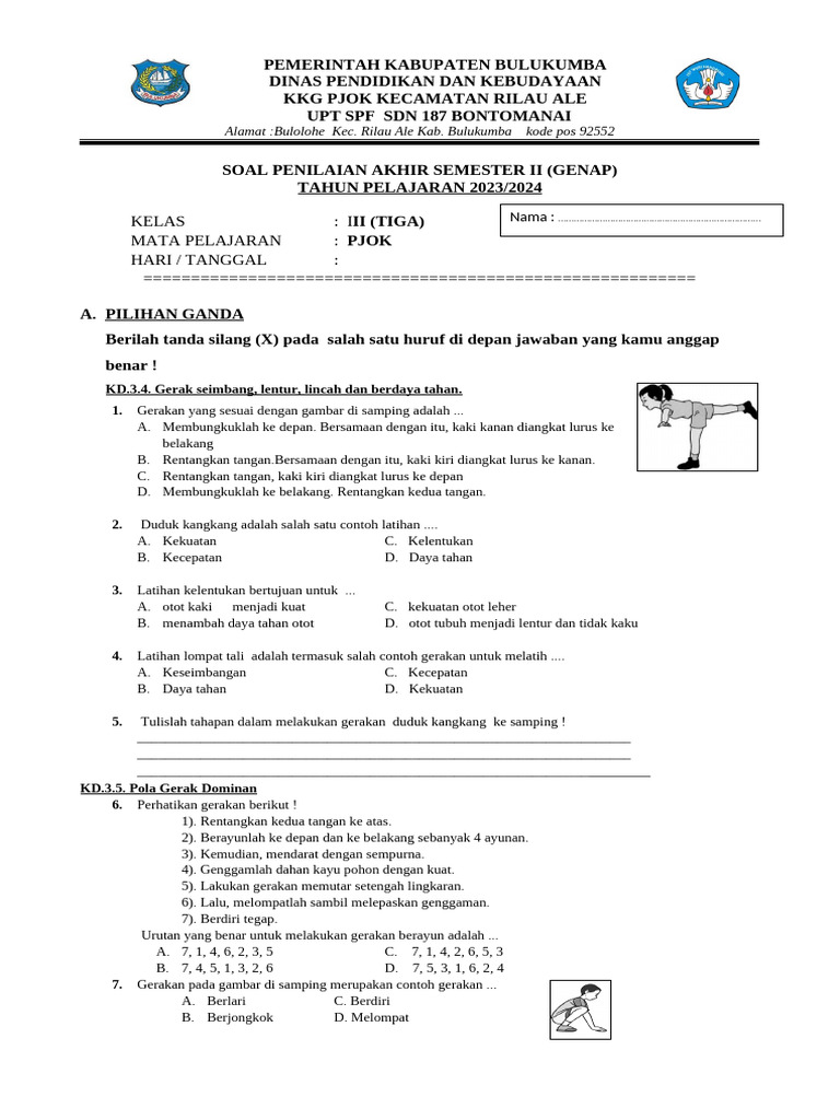 Soal Pjok Sem. 2 Kls. 3 Tp. 2023-2024 | PDF