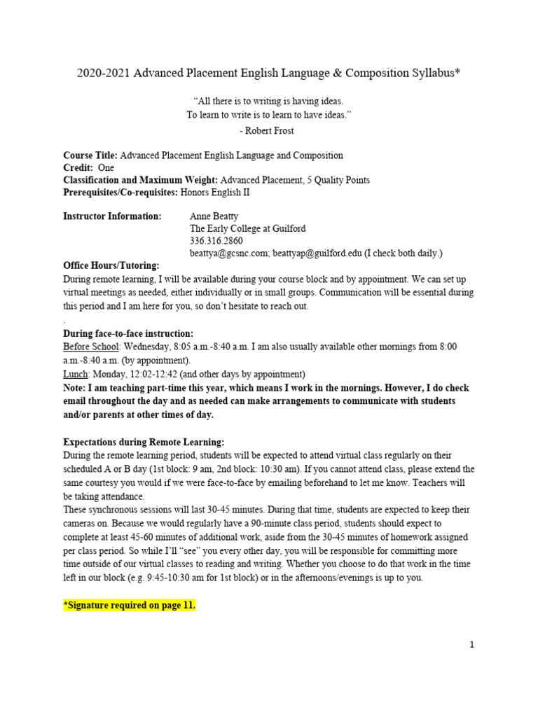 AP English Language and Composition Syllabus Fall 2020 | PDF