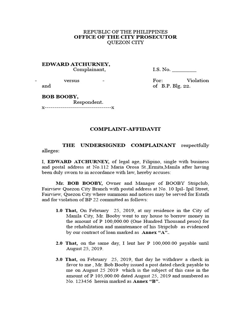 Bob Vs Edward 105kcheck-Complaint-Affidavit-Bp22 | PDF