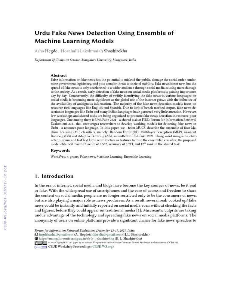 Urdu Fake News Detection Using Ensemble of Machine Learning Models | PDF