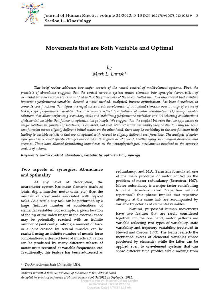 Latash 2012 Movements That Are Both Variable and Optimal | PDF