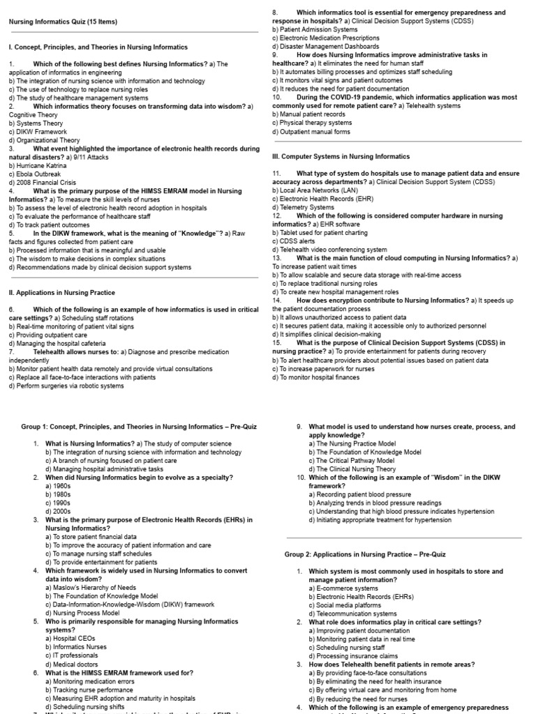Nursing Informatics Quiz-Pre | PDF | Electronic Health Record | Health ...