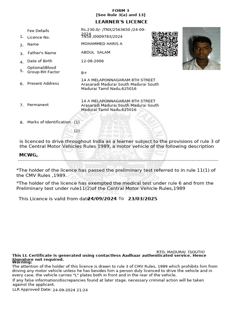 Learner'S Licence: Form 3 (See Rule 3 (A) and 13) | PDF