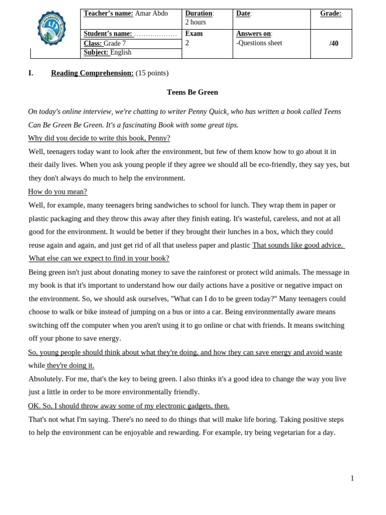 GR7 - English Exam 2 (1 Student) | PDF