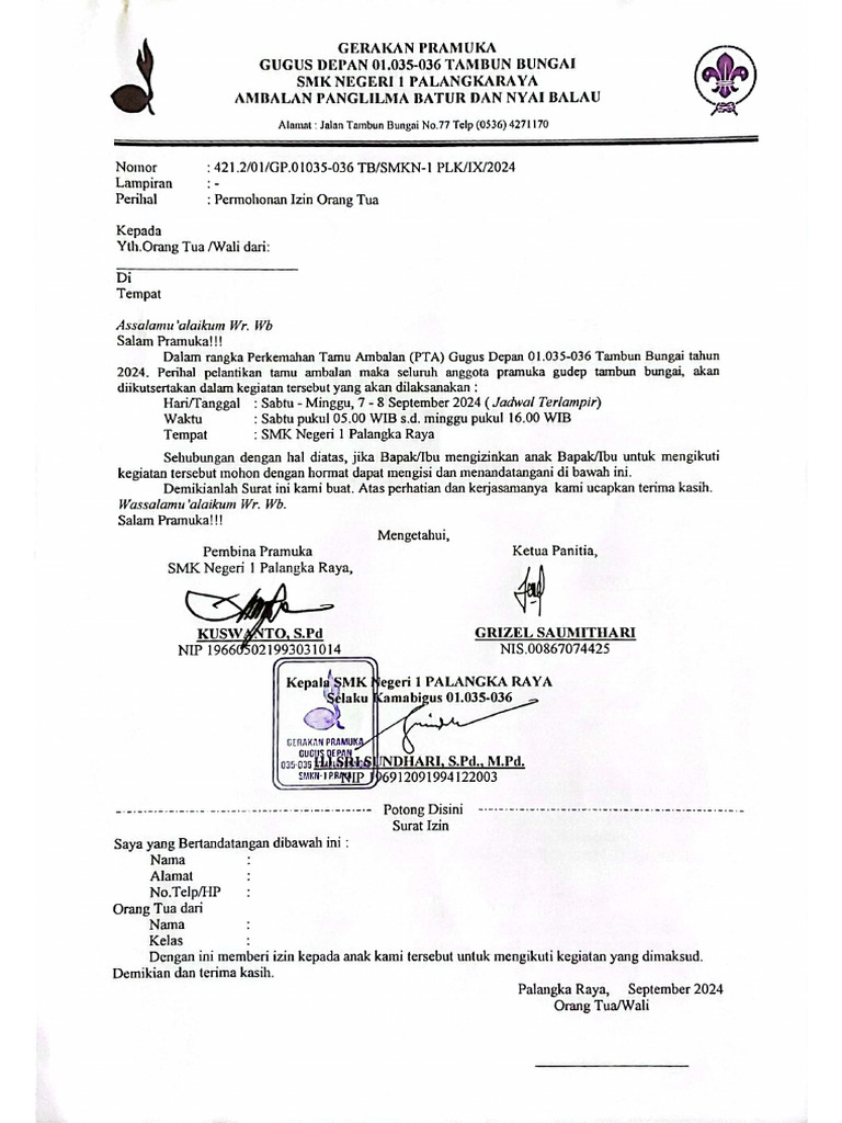 Surat Izin Orang Tua Dan Jadwal Kegiatan Perkemahan Tamu Ambalan (PTA ...