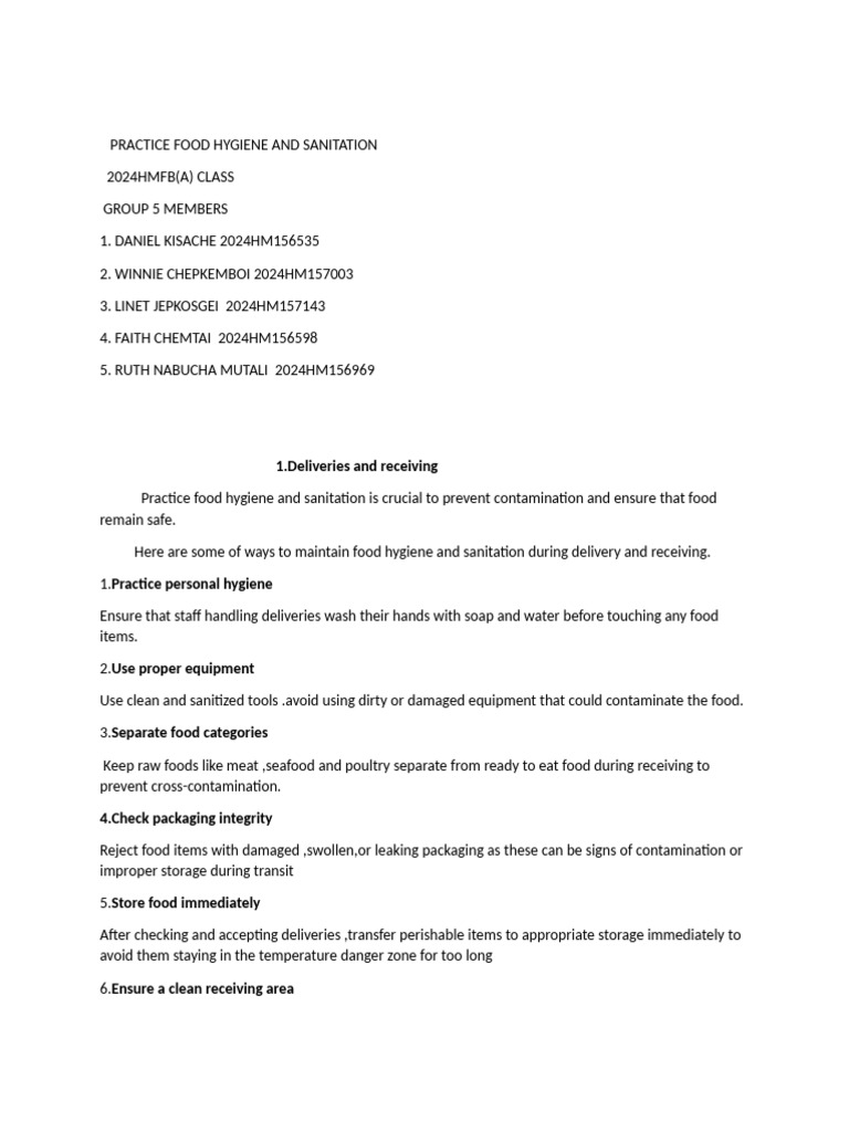Practice Food Hygiene and Sanitation | PDF