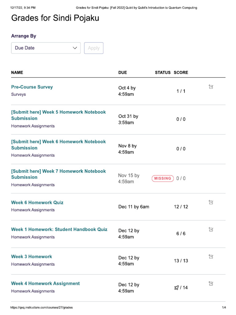 1st Semester Grades of Quantum Computing Course | PDF