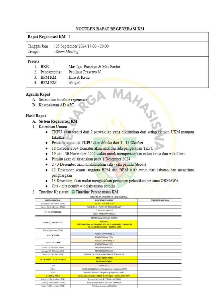 Notulensi Persiapan Rapat Regenerasi KM | PDF