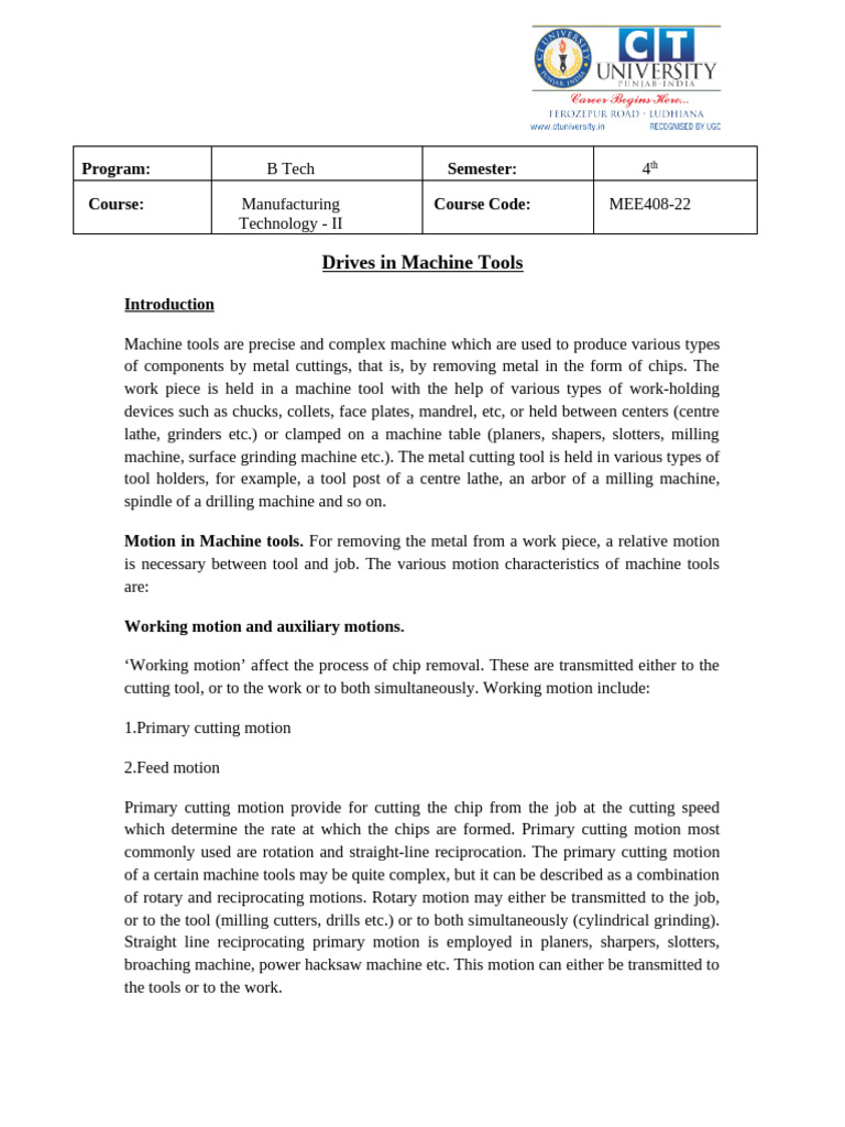 Unit - 1 (Kinematics of Machine Tools & Metal Cutting) | PDF