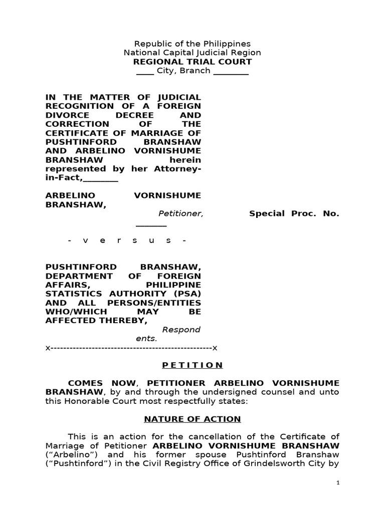 Petition for Recognition of Foreign Divorce | PDF | Divorce | Procedural Law