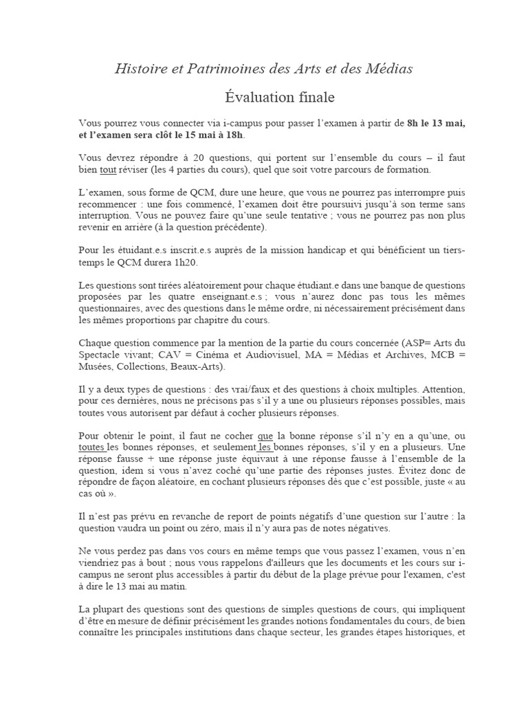 Consignes - QCM Histoire Et Patrimoines Des Arts Et Médias | PDF