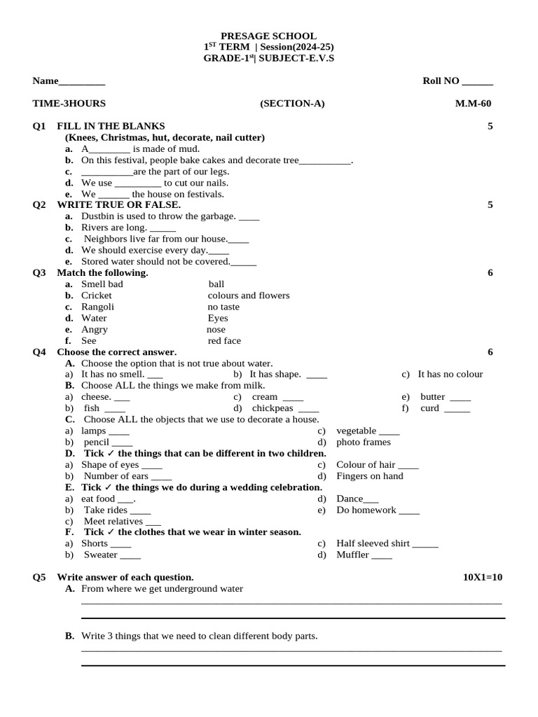 Grade 1 Evs Sept | PDF