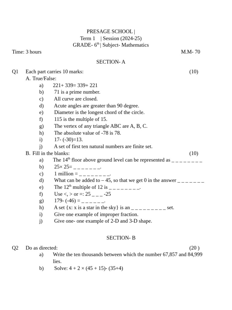Math Paper 6th Grade | PDF