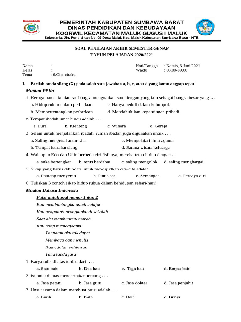 Soal Pas Genap Tema 6 TP 2020-2021 | PDF