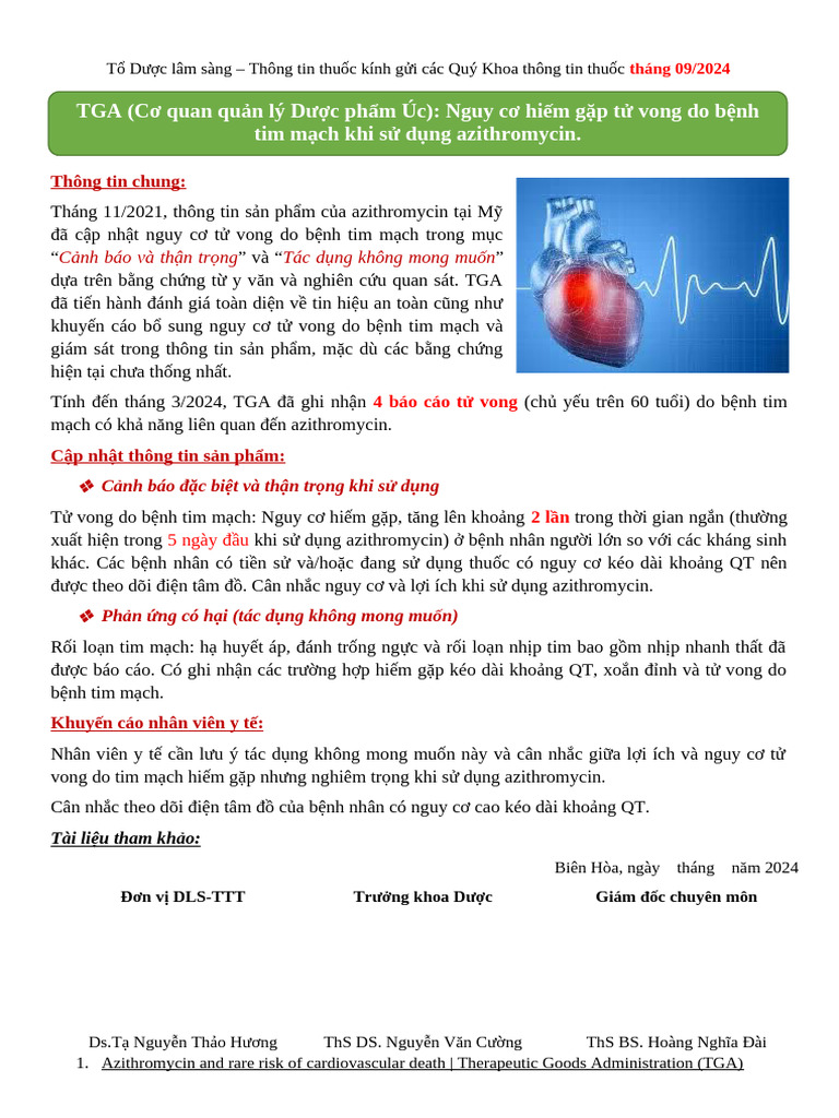 TGA Nguy cơ hiếm gặp tử vong do bệnh tim mạch khi sử dụng Azithromycin ...