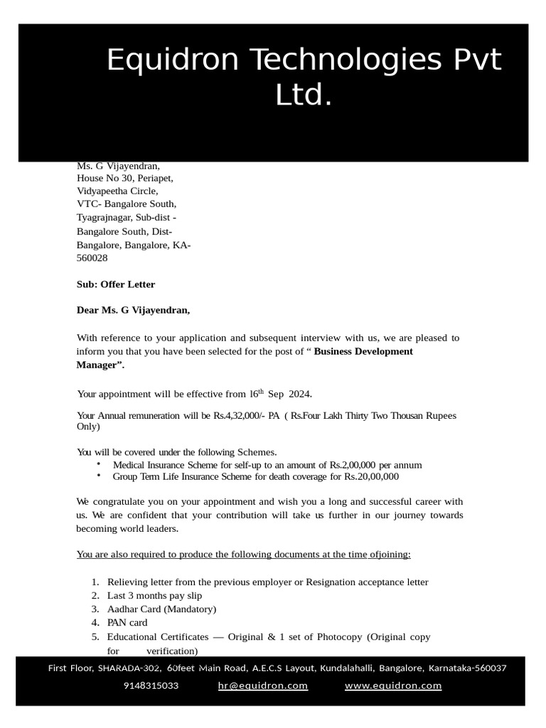 Equidron Technologies - Offer Letter - Vijay | PDF