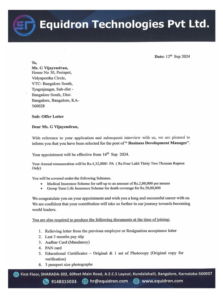 Equidron Technologies - Offer Letter - Vijay | PDF