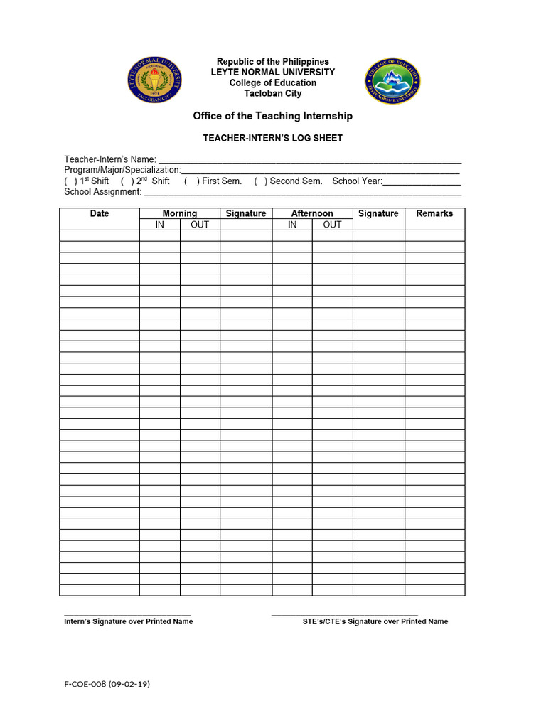 Teacher Interns Log Sheet 1 | PDF
