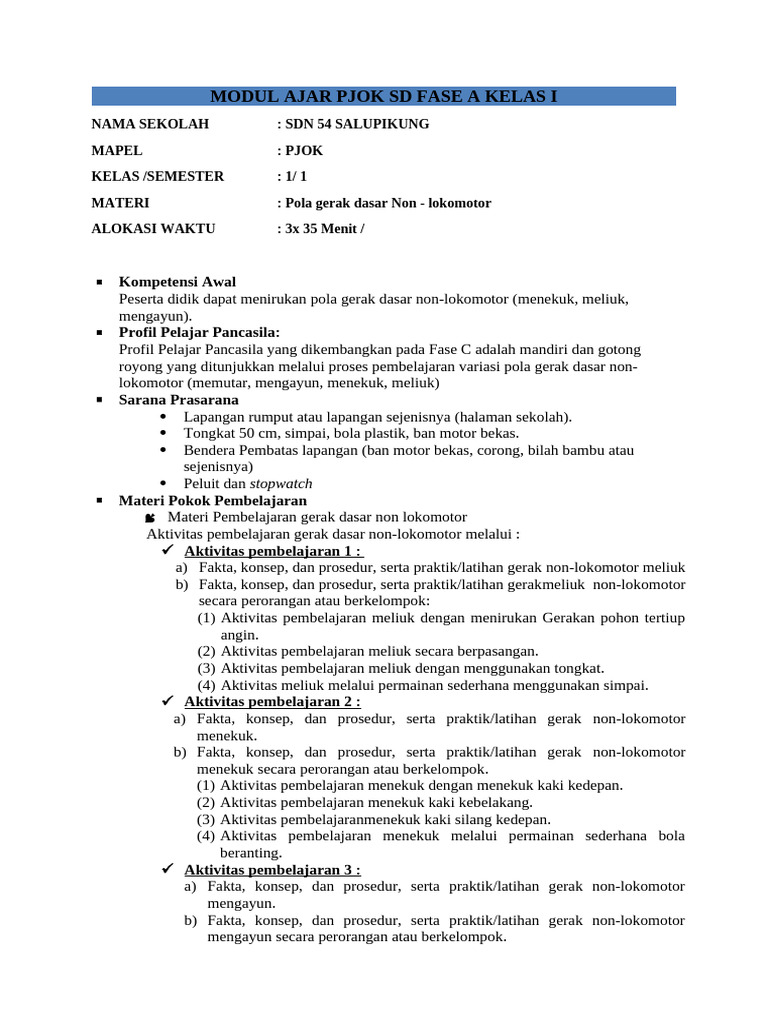 BAB 2 - PJOK Kls 1 (Datadikdasmen - Com) - PGERAK DASAR NON LOKOMOTOR | PDF
