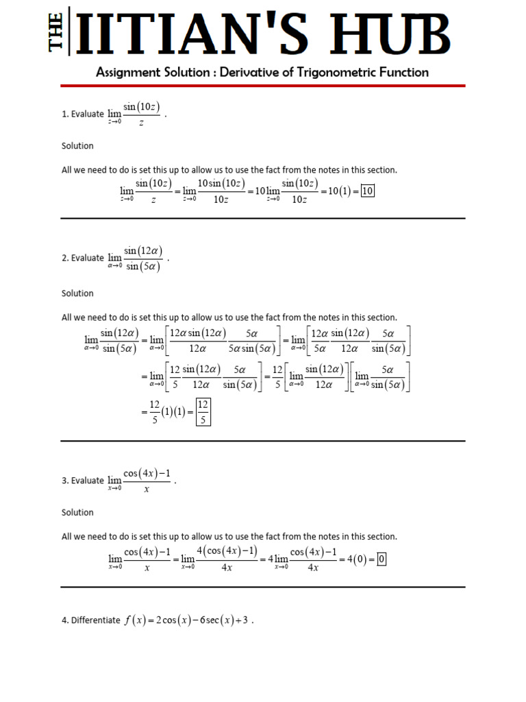 Solution Assignment3 Derivative Of Trigonometric Logarithmic And