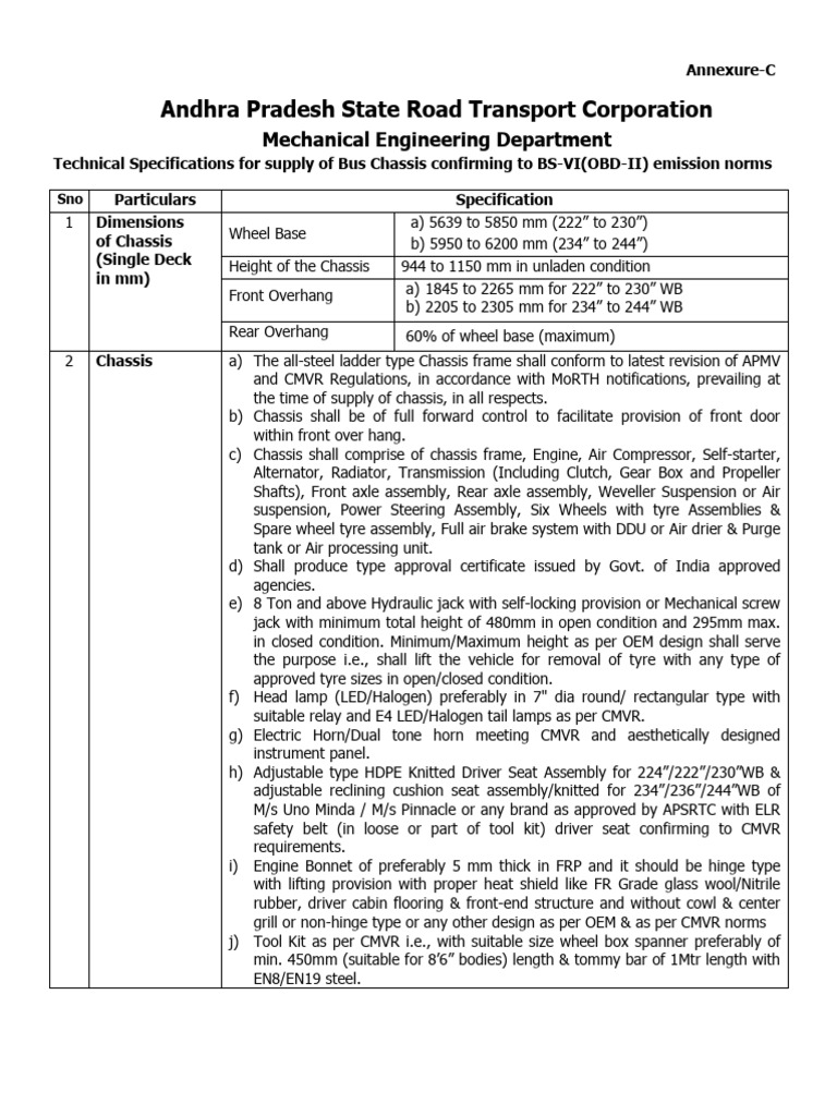 Chassis Technical Specifications For 2023-24 Final | PDF | Engines | Brake