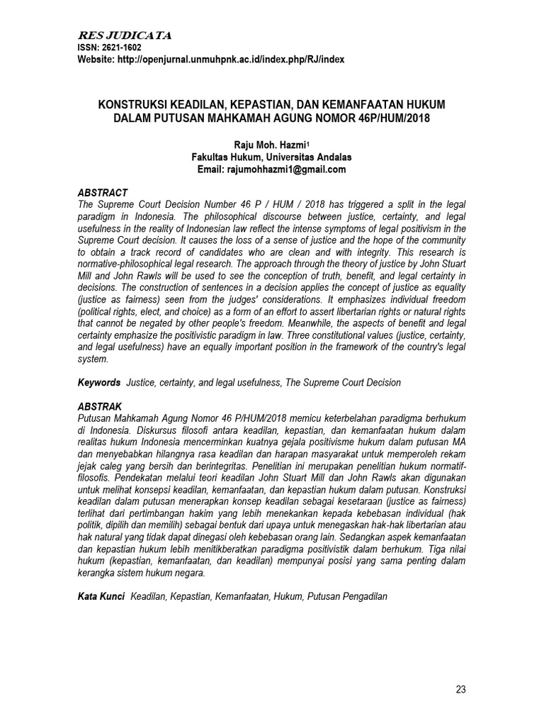Konstruksi Keadilan, Kepastian, Dan Kemanfaatan Hukum Dalam Putusan Mahkamah Agung Nomor 46p/hum ...
