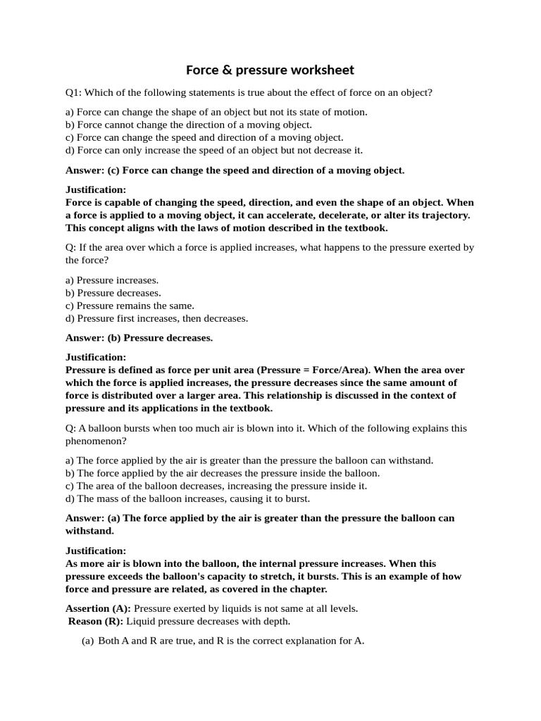 Force & Pressure WOrksheet - MCQ With Justification | PDF | Force ...