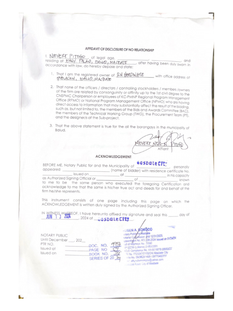 Affidavit of Disclosure of No Relationship | PDF