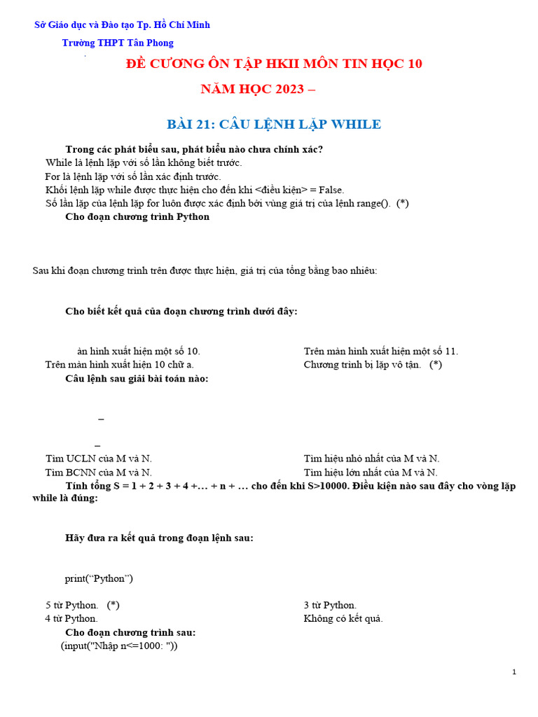 Đề Cương Ôn Tập Hkii Môn Tin Học 10 NĂM HỌC 2023 - 2024: Bài 21: Câu Lệnh Lặp While | PDF