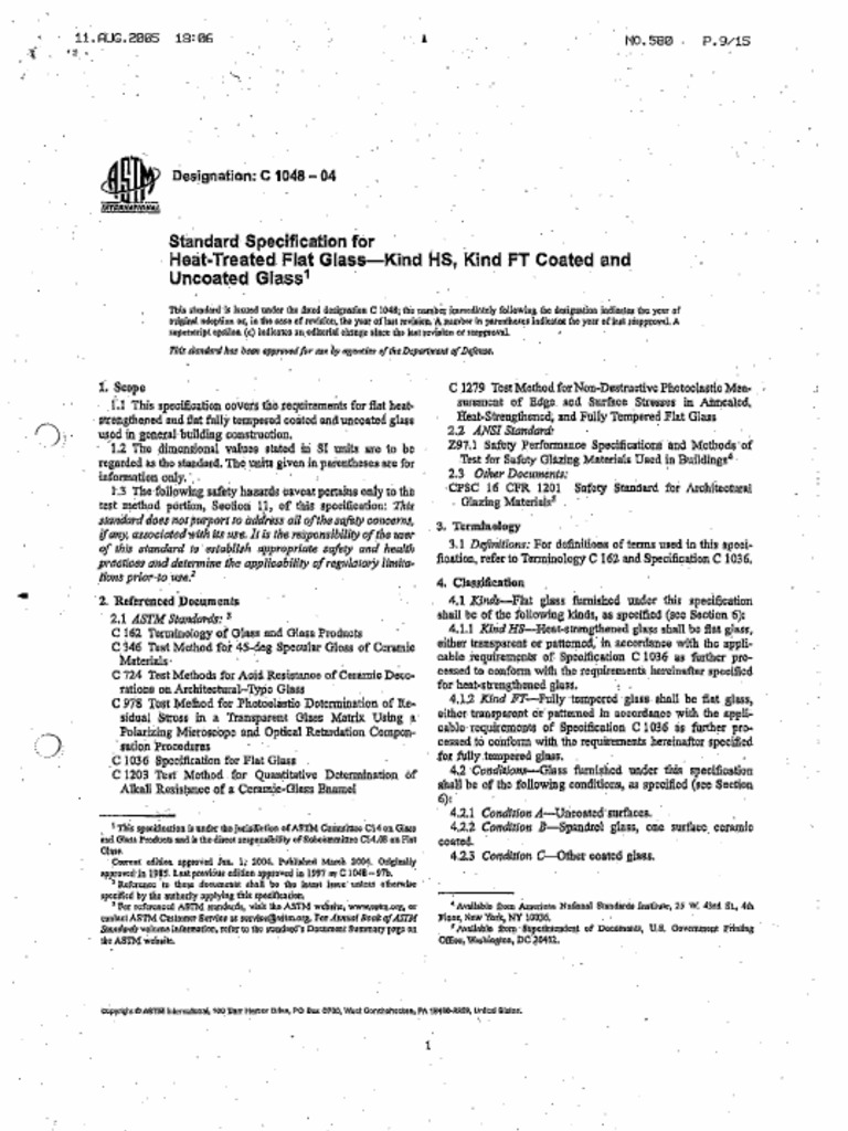 ASTM C 1048-04 Standard Specification For Heat Treated Flat Glass | PDF
