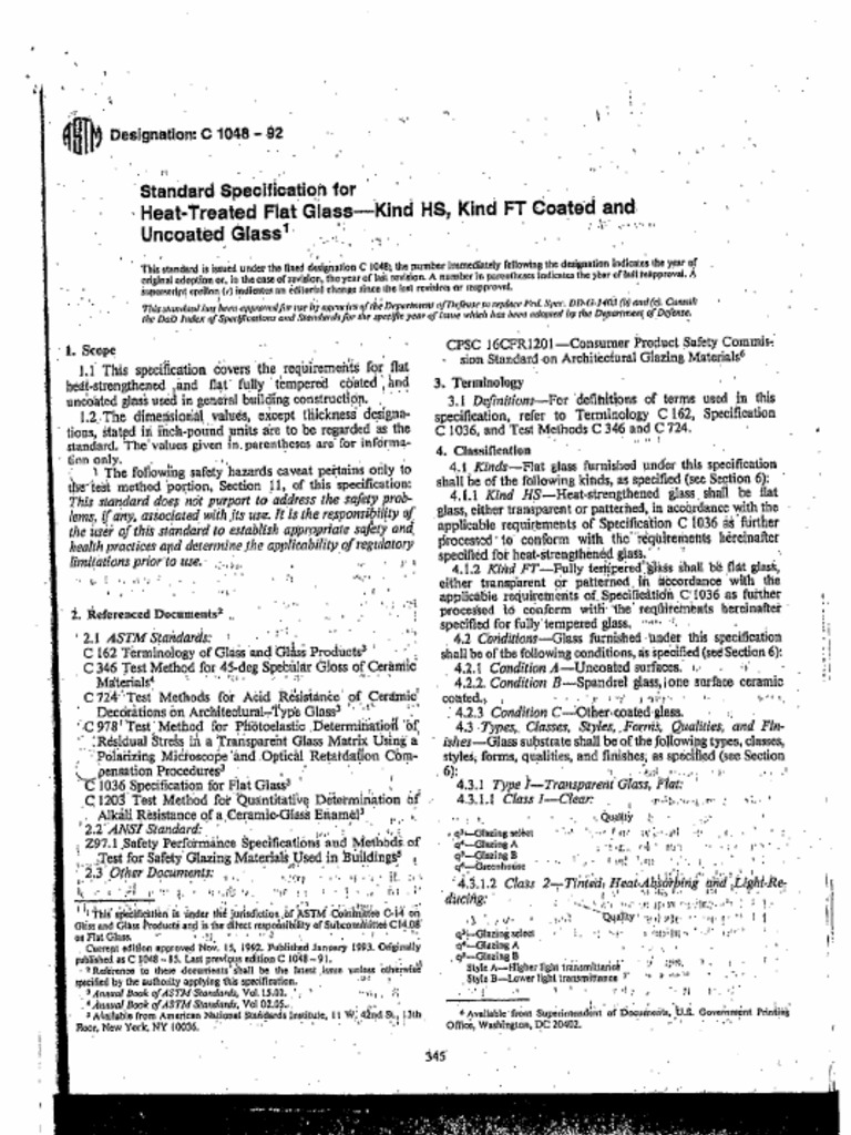 ASTM C 1048-92 (Standard Specification For Heat Treated Flat Glass ...