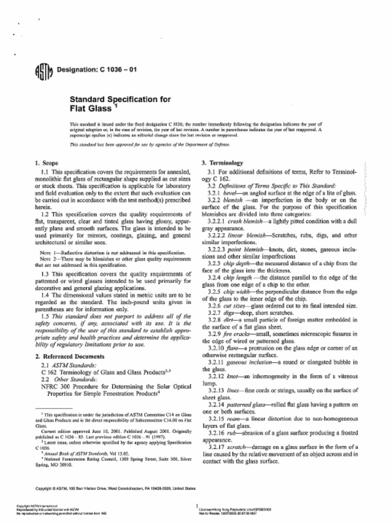 ASTM C 1036-91 (Standard Spec. For Flat Glass) | PDF