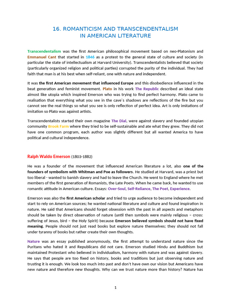 Romanticism and Transcendentalism in American Literature | PDF