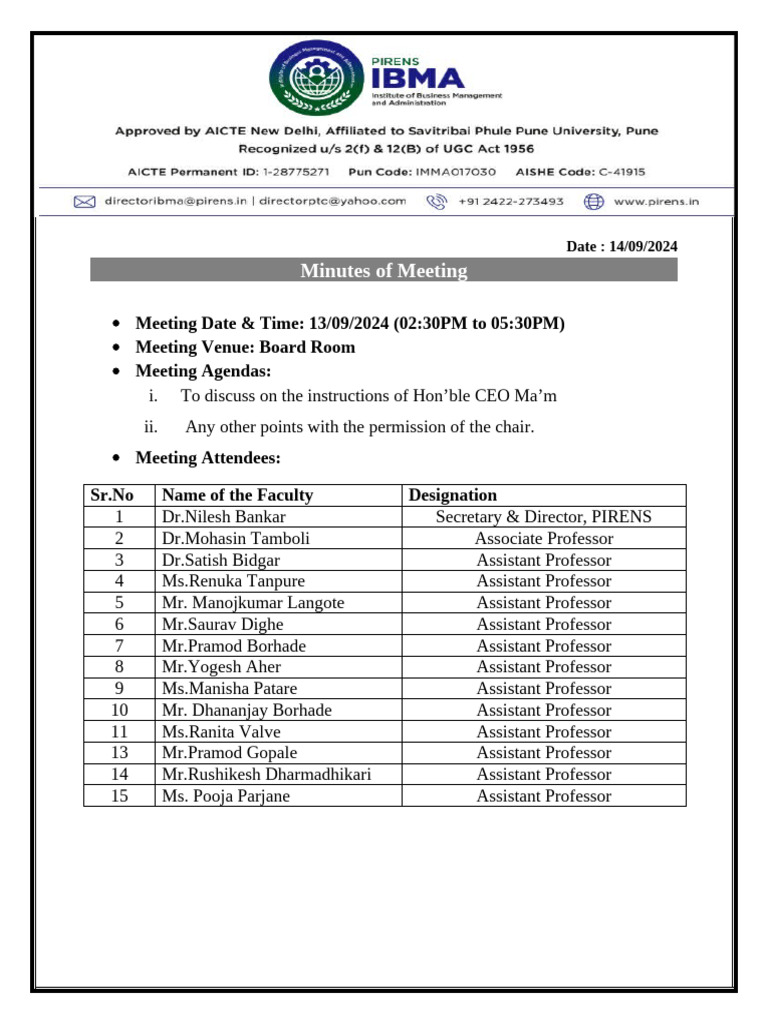Minutes of Meeting: Meeting Date & Time: 13/09/2024 (02:30PM To 05:30PM ...