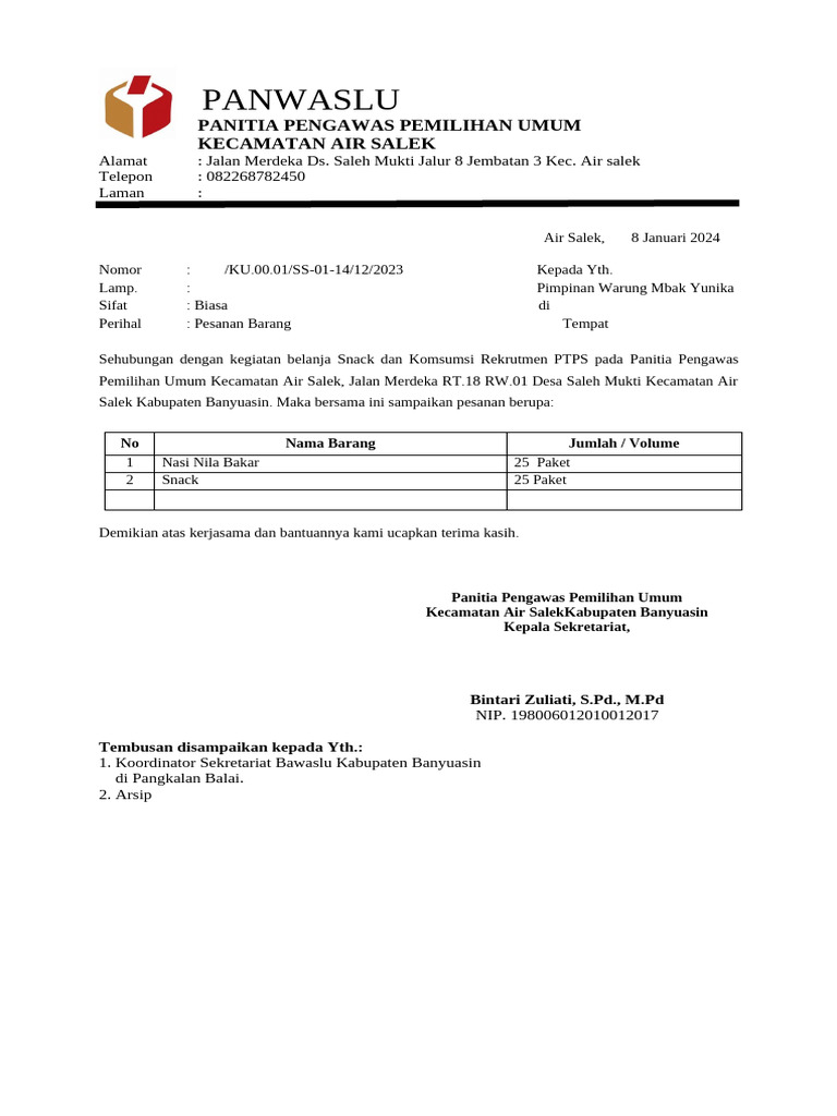 Surat Pesanan 8 Januari Yunika | PDF