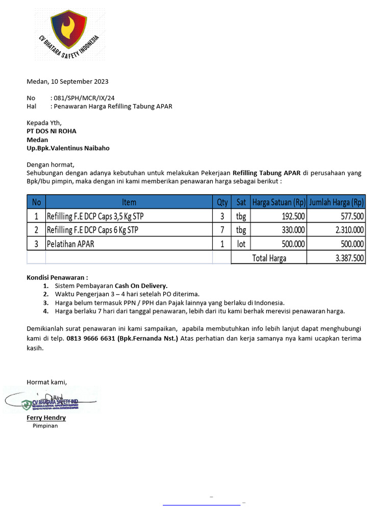 SPH Refilling Tabung APAR PT Dos Ni Roha 2024 | PDF